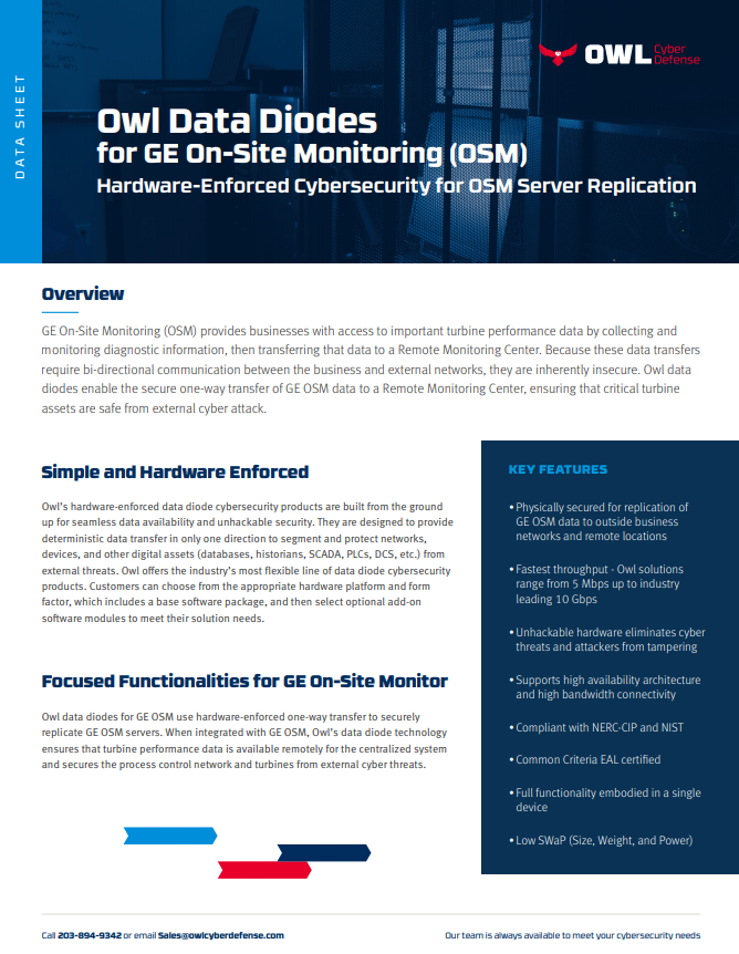 Owl Data Diodes for GE On-Site Monitoring (OSM) | Owl Cyber Defense