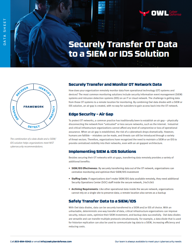 Securely Transfer OT Data to a SIEM or IDS Solution | Owl Cyber Defense