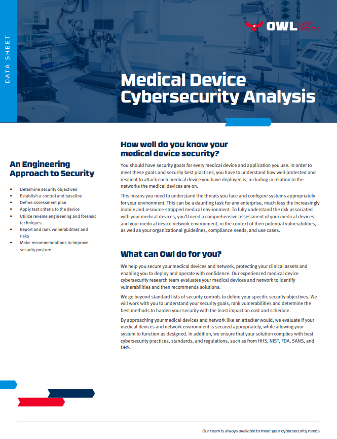 Medical Device Cybersecurity Analysis | Owl Cyber Defense