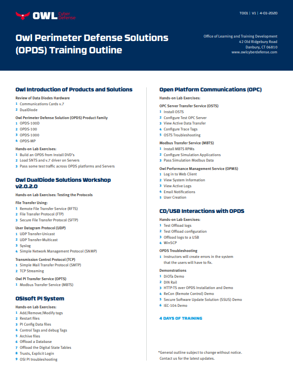 Critical Infrastructure Product Training Outline | Owl Cyber Defense